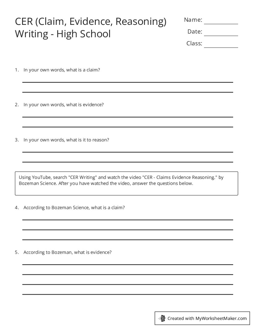 Claim Evidence Reasoning Worksheets