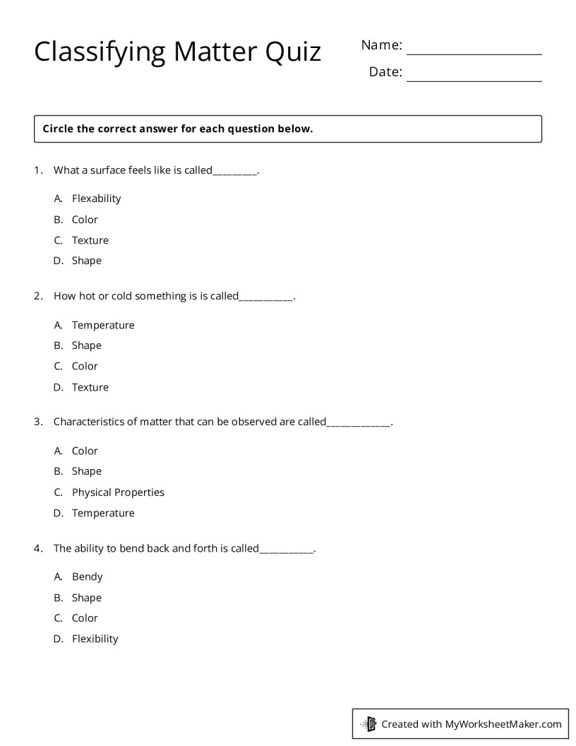 Classifying Matter Quiz - My Worksheet Maker: Create Your Own Worksheets