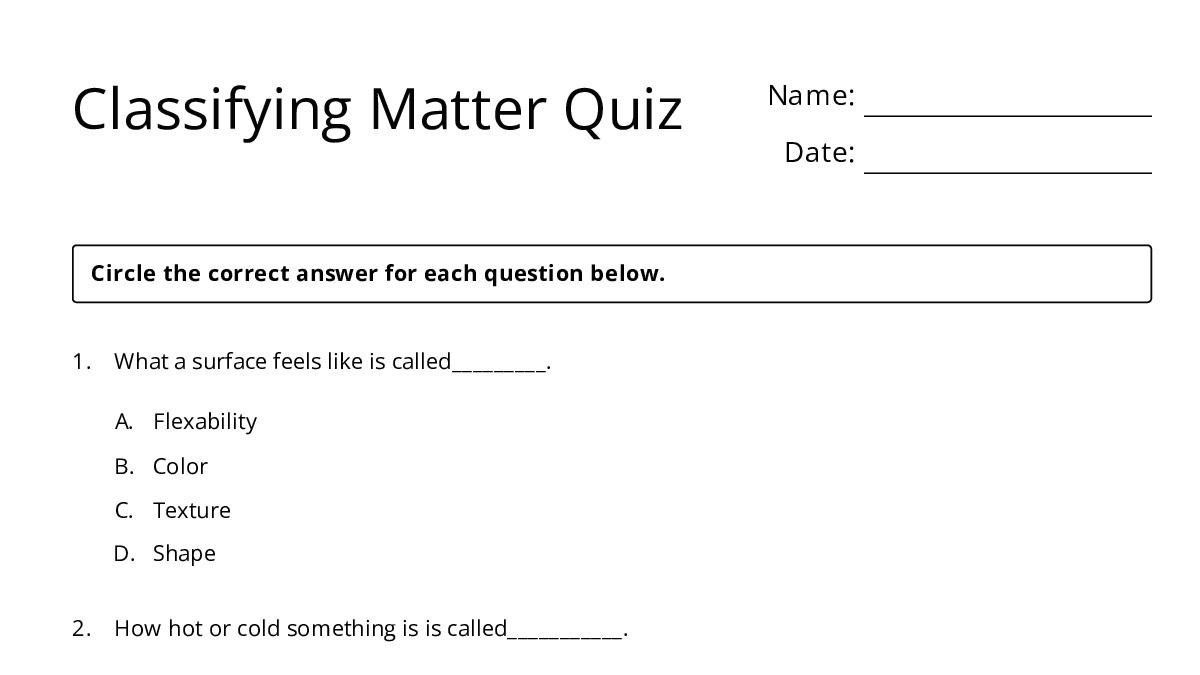Classifying Matter Quiz - My Worksheet Maker: Create Your Own Worksheets
