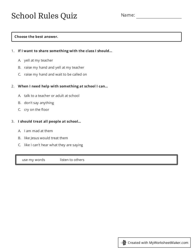 School Rules Quiz - My Worksheet Maker: Create Your Own Worksheets