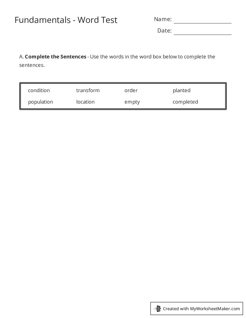 Fundamentals - Word Test - My Worksheet Maker: Create Your Own Worksheets