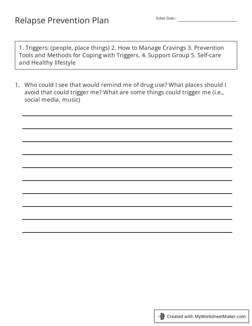 Relapse Prevention Plan - My Worksheet Maker: Create Your Own Worksheets