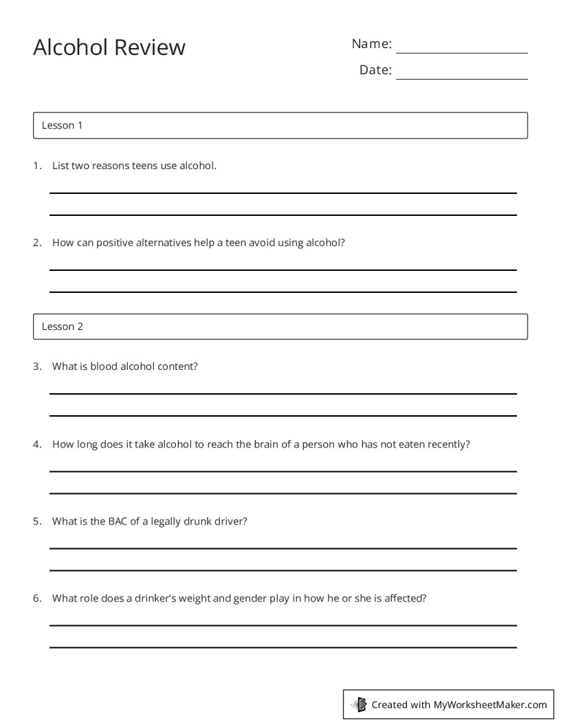 Alcohol Review - My Worksheet Maker: Create Your Own Worksheets