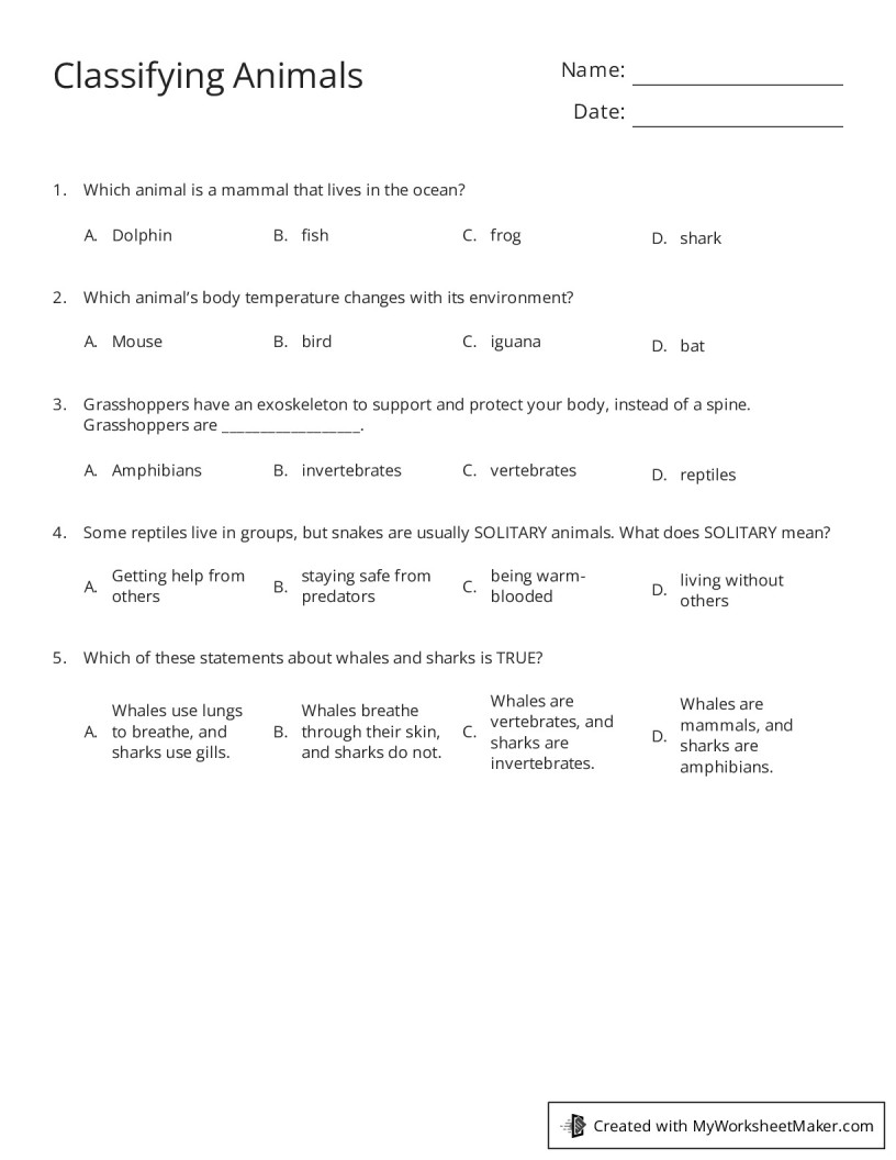 Classifying Animals - My Worksheet Maker: Create Your Own Worksheets