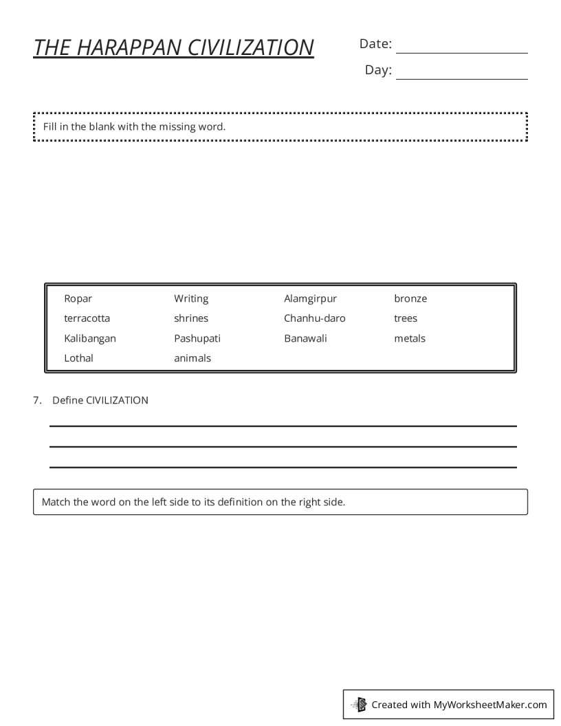 THE HARAPPAN CIVILIZATION﻿﻿ - My Worksheet Maker: Create Your Own ...