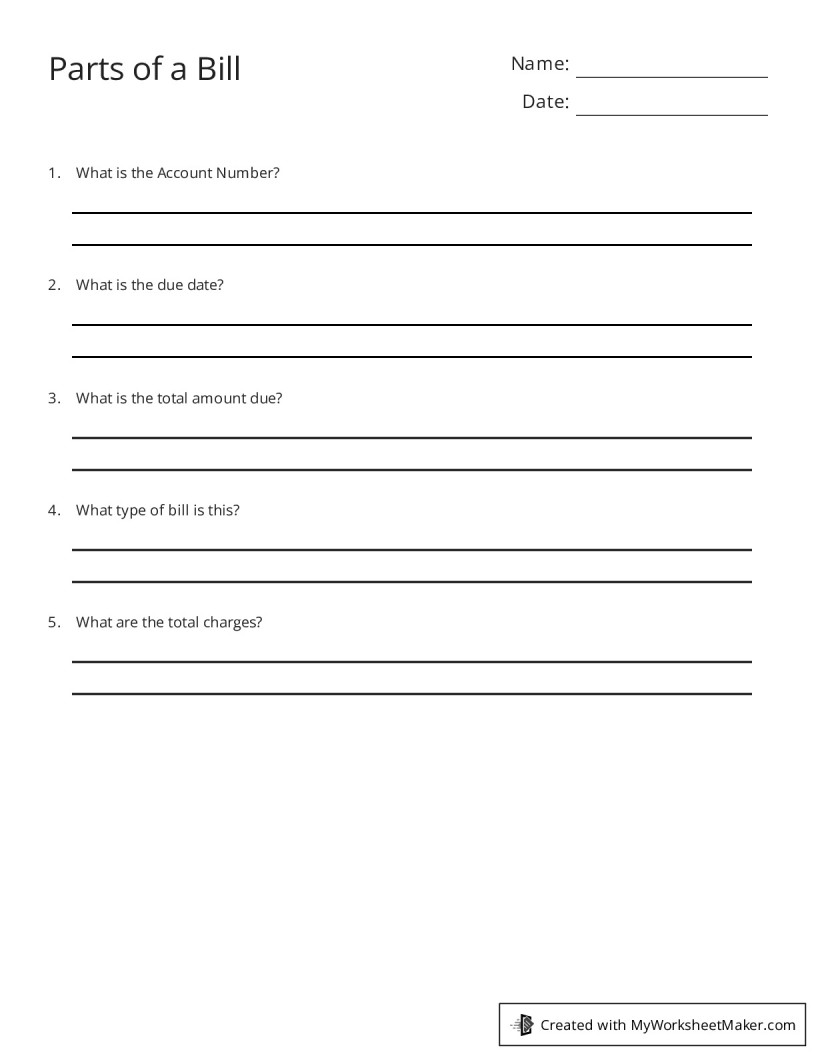 Parts of a Bill - My Worksheet Maker: Create Your Own Worksheets