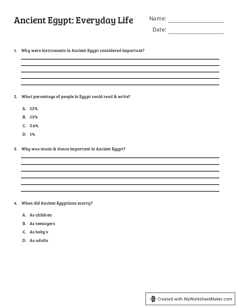 Ancient Egypt: Everyday Life - My Worksheet Maker: Create Your Own ...