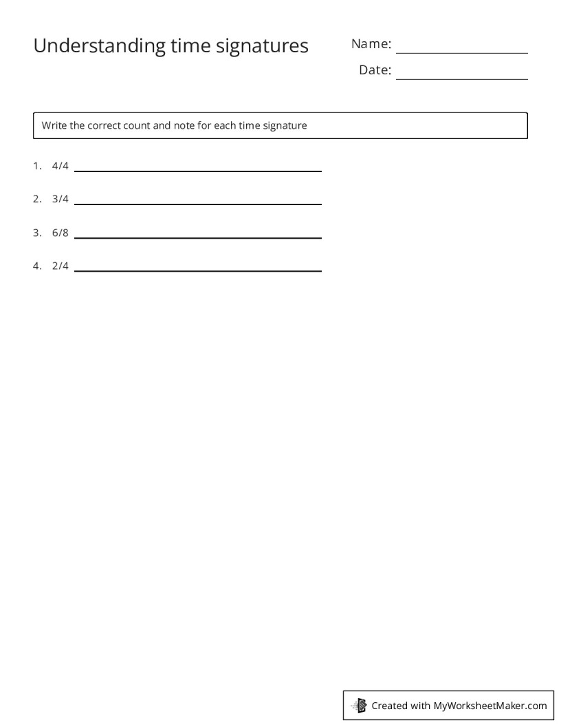Understanding time signatures - My Worksheet Maker: Create Your Own ...