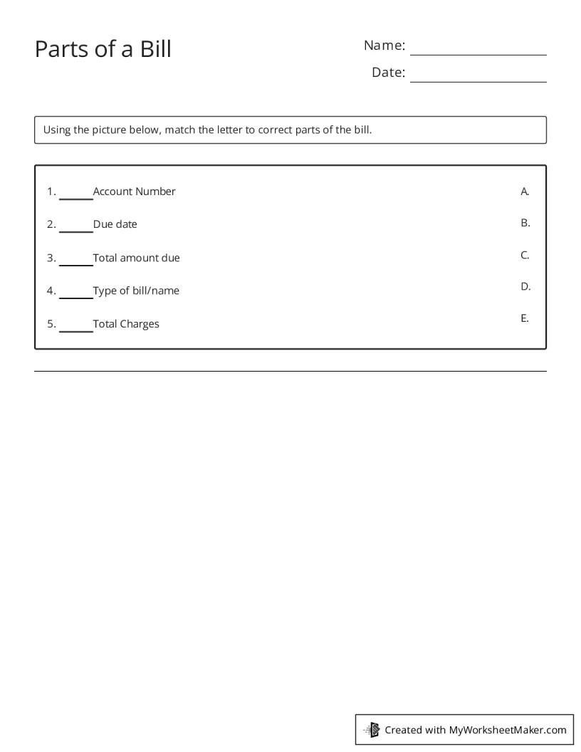 Parts of a Bill - My Worksheet Maker: Create Your Own Worksheets