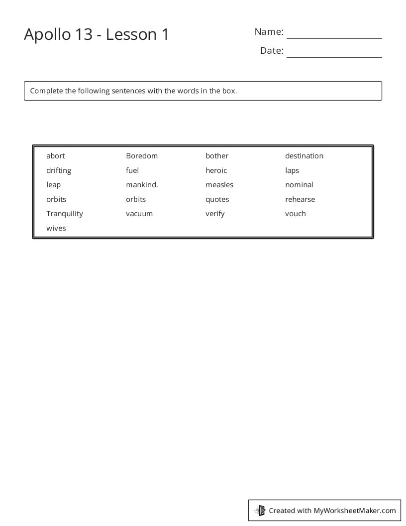 Apollo 13 - Lesson 1 - My Worksheet Maker: Create Your Own Worksheets