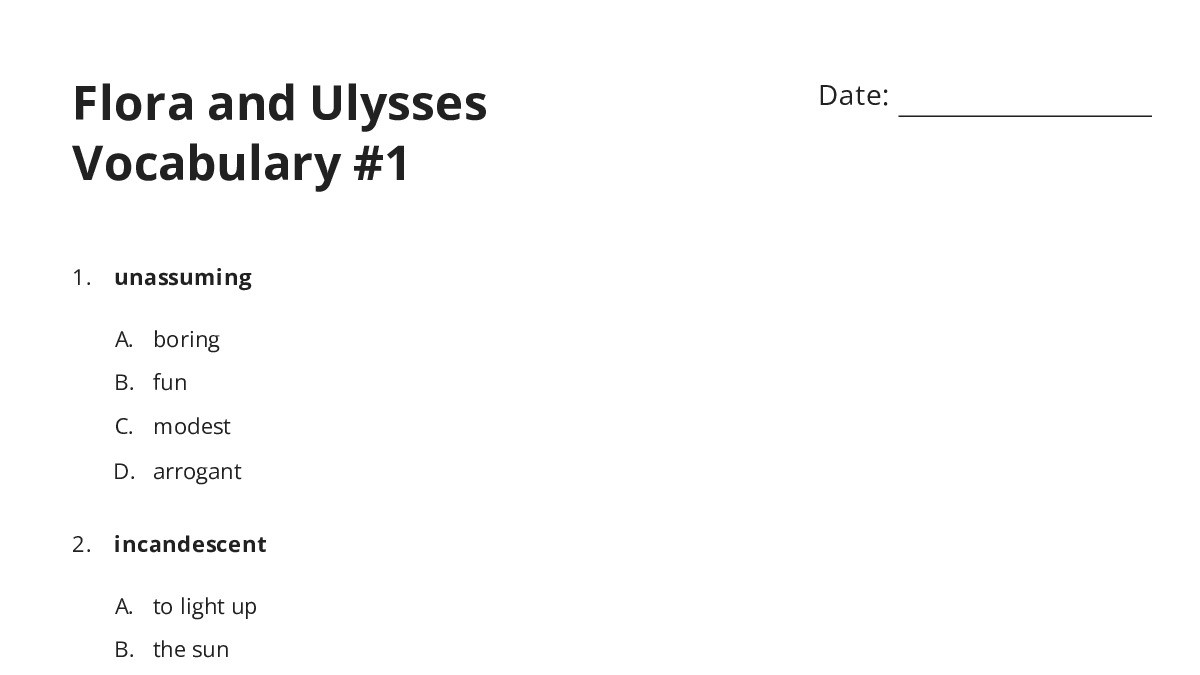 Flora and Ulysses Vocabulary #1﻿ - My Worksheet Maker: Create Your Own ...