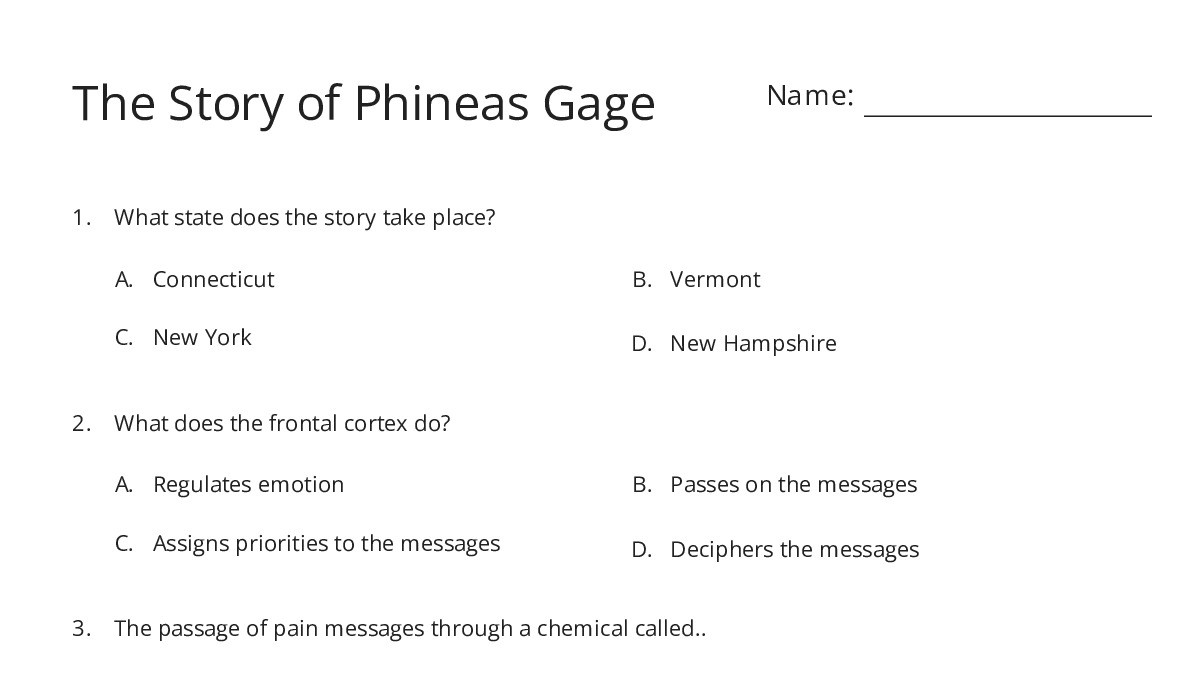 The Story of Phineas Gage - My Worksheet Maker: Create Your Own Worksheets