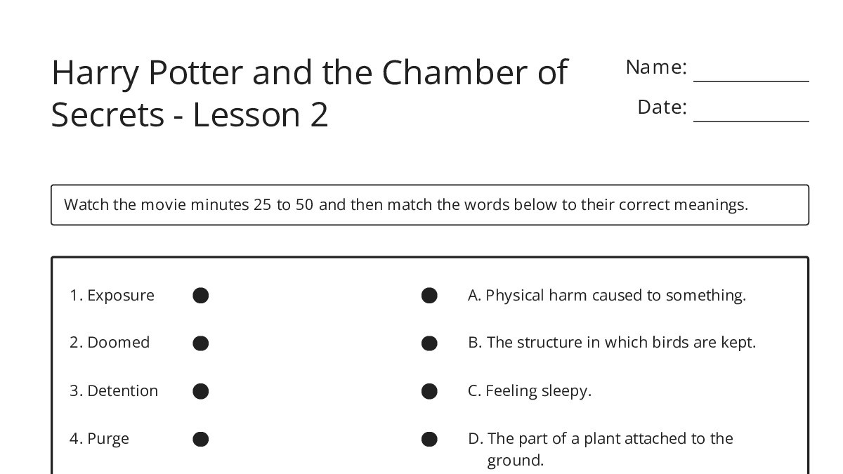 Harry Potter and the Chamber of Secrets - Lesson 2 - My Worksheet Maker ...