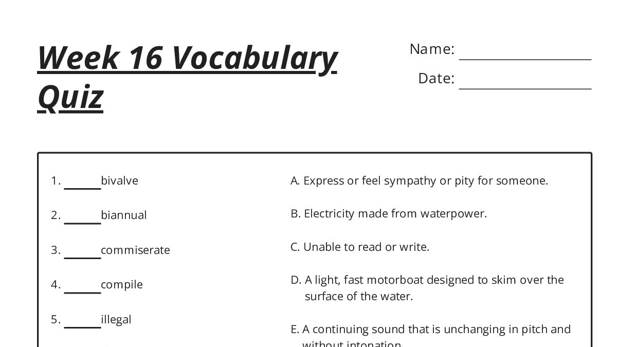 Week 16 Vocabulary Quiz - My Worksheet Maker: Create Your Own Worksheets