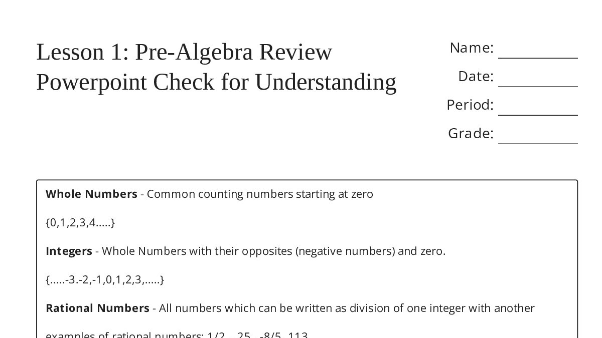 Lesson 1: Pre-Algebra Review Powerpoint Check for Understanding - My ...