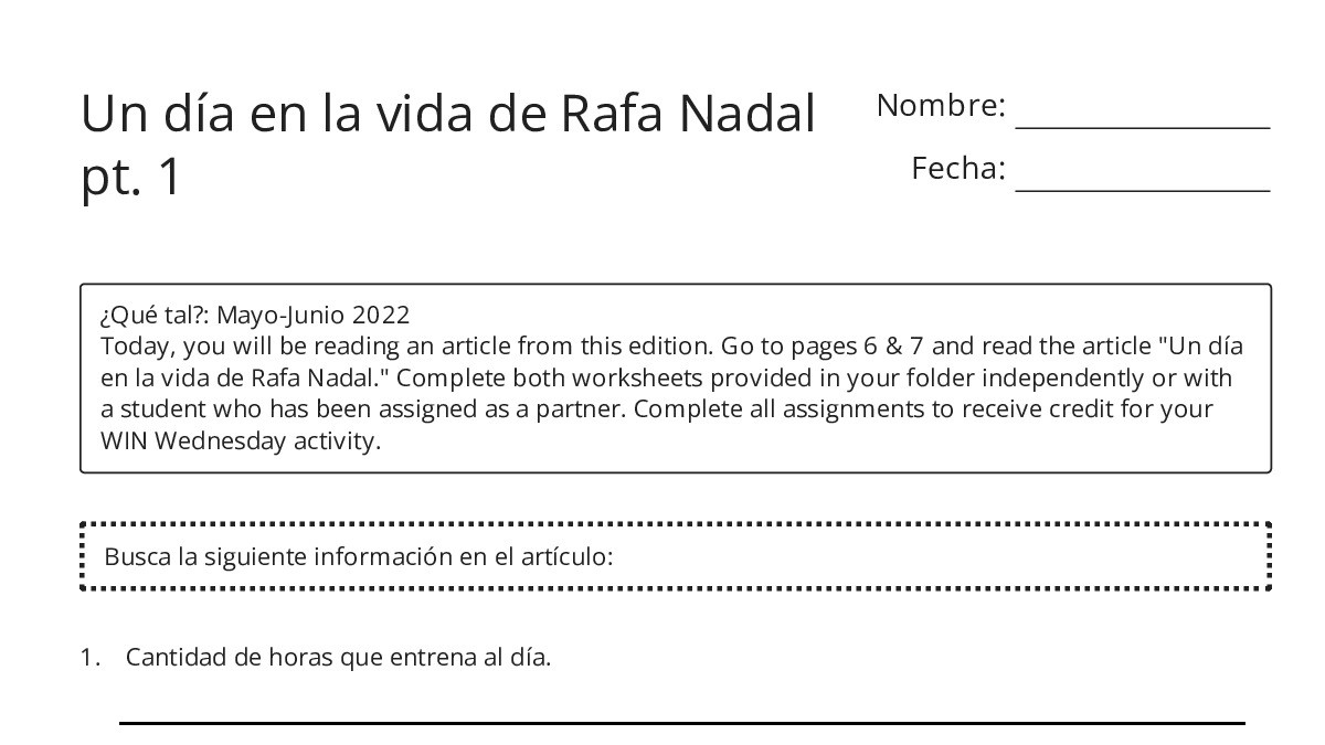 Un día en la vida de Rafa Nadal pt. 1 - My Worksheet Maker: Create Your ...