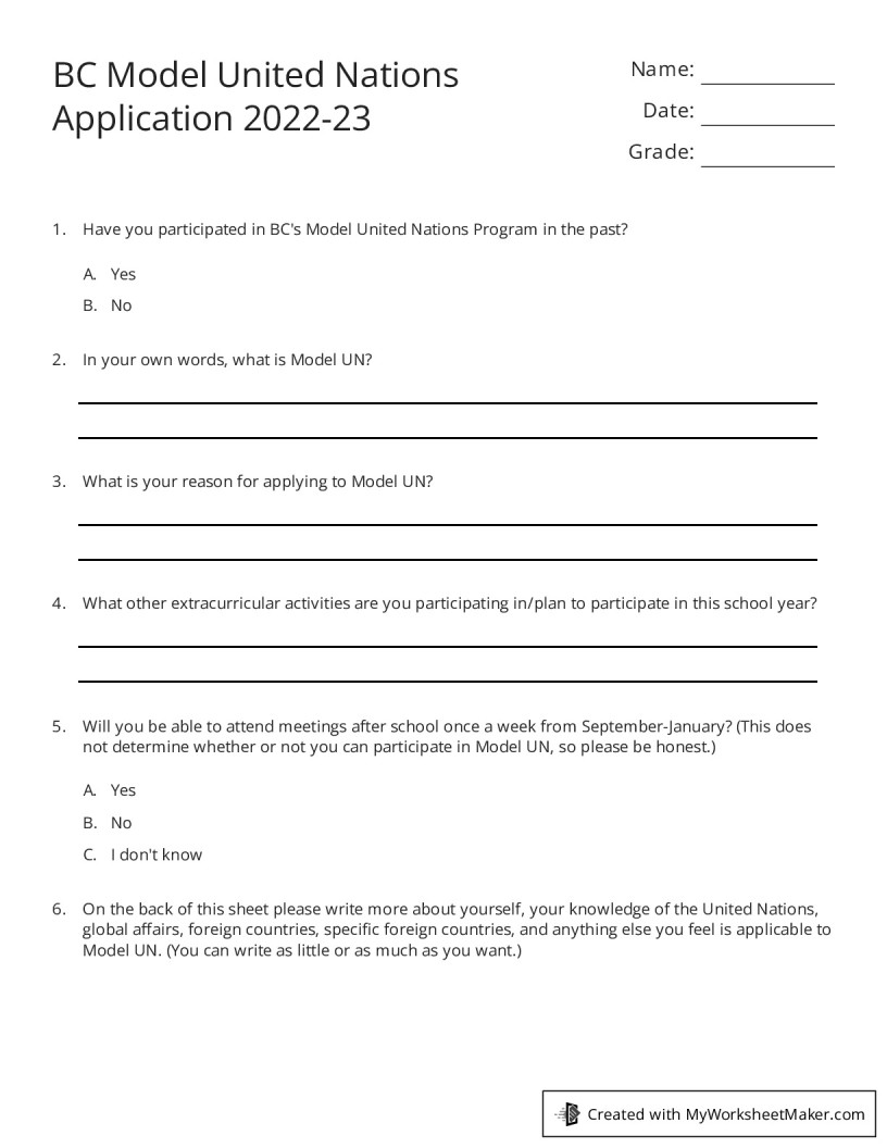 BC Model United Nations Application 2022-23 - My Worksheet Maker ...