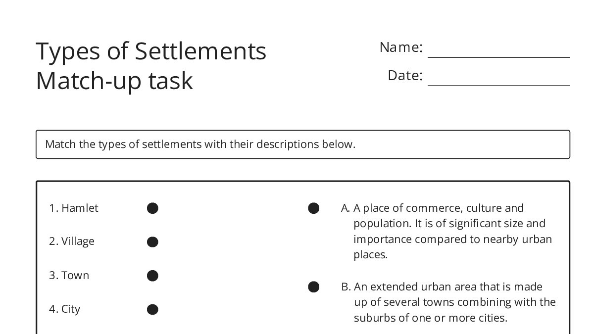 Types of Settlements Match-up task - My Worksheet Maker: Create Your ...