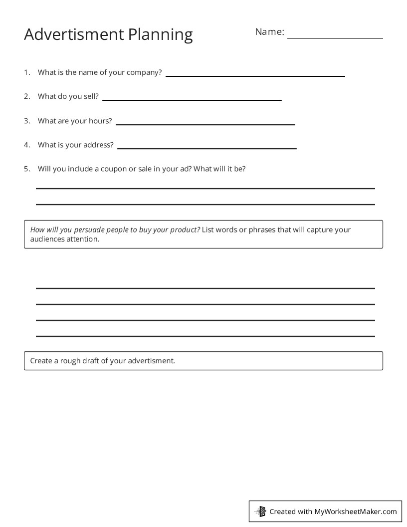 Advertisment Planning - My Worksheet Maker: Create Your Own Worksheets