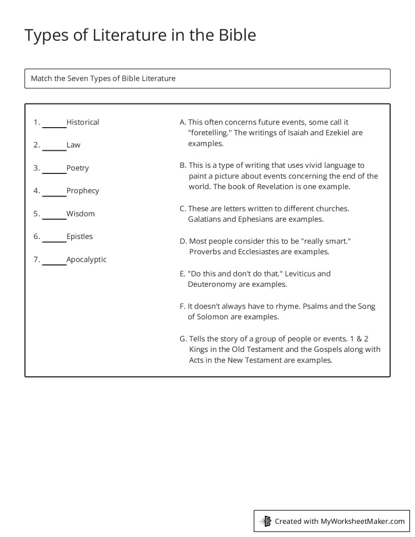Types of Literature in the Bible - My Worksheet Maker: Create Your Own ...