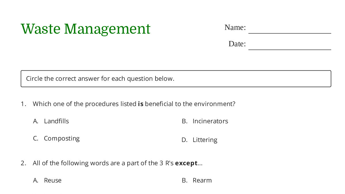 Waste Management - My Worksheet Maker: Create Your Own Worksheets
