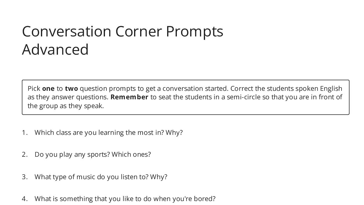 Conversation Corner Prompts Advanced - My Worksheet Maker: Create Your ...