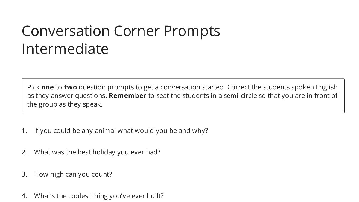 Conversation Corner Prompts Intermediate - My Worksheet Maker: Create ...