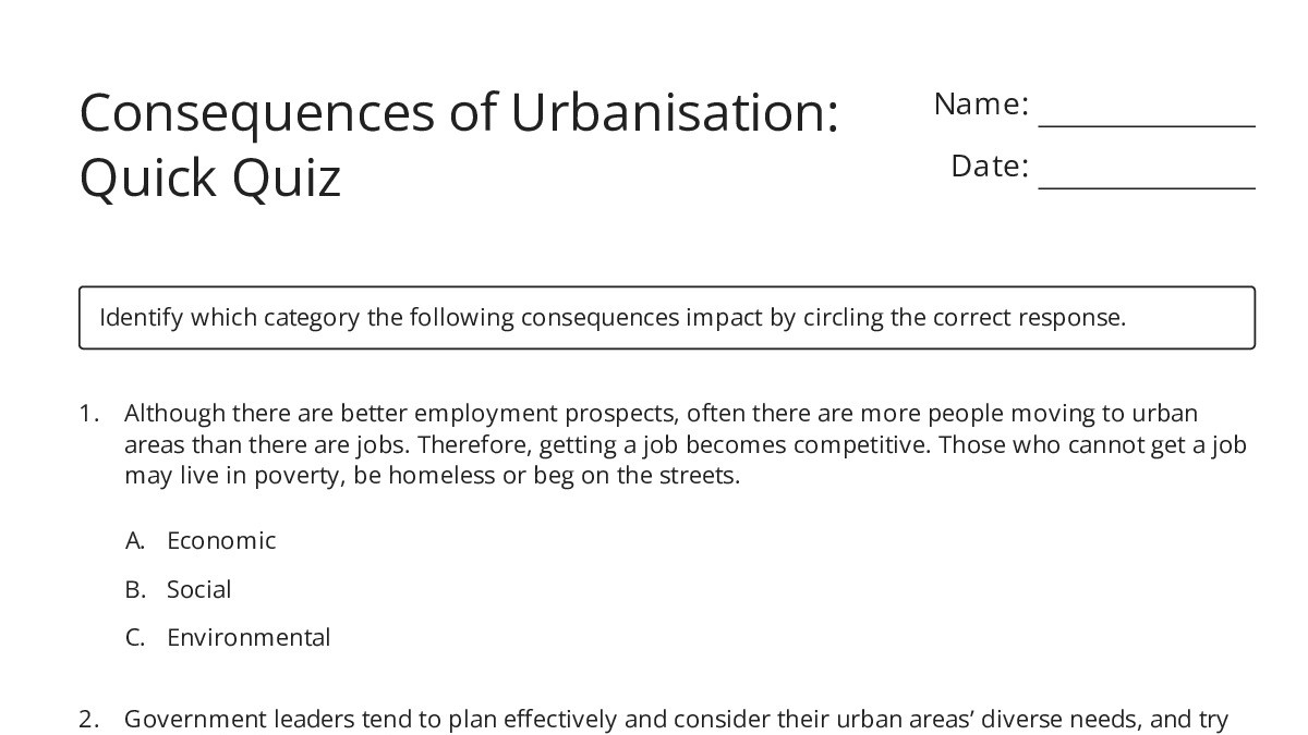 Consequences of Urbanisation: Quick Quiz - My Worksheet Maker: Create ...