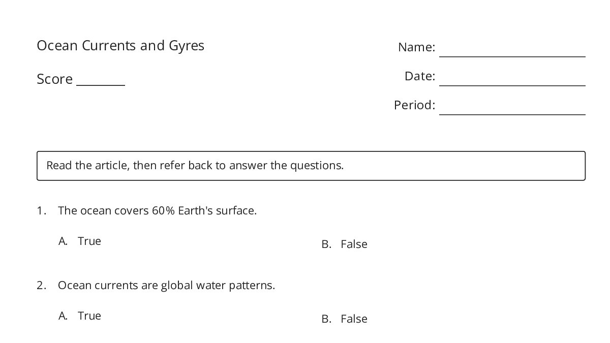 Ocean Currents and Gyres Score ________ - My Worksheet Maker: Create ...