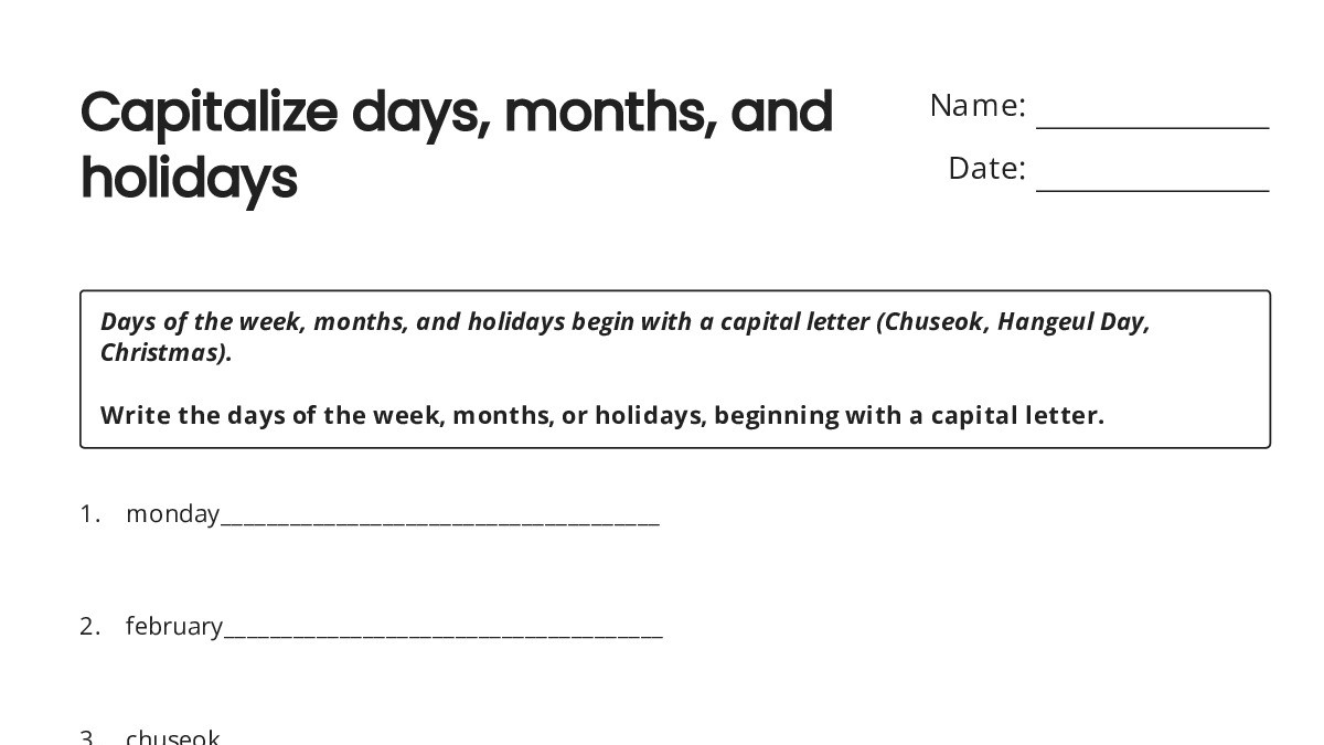 Capitalize days, months, and holidays - My Worksheet Maker: Create Your ...