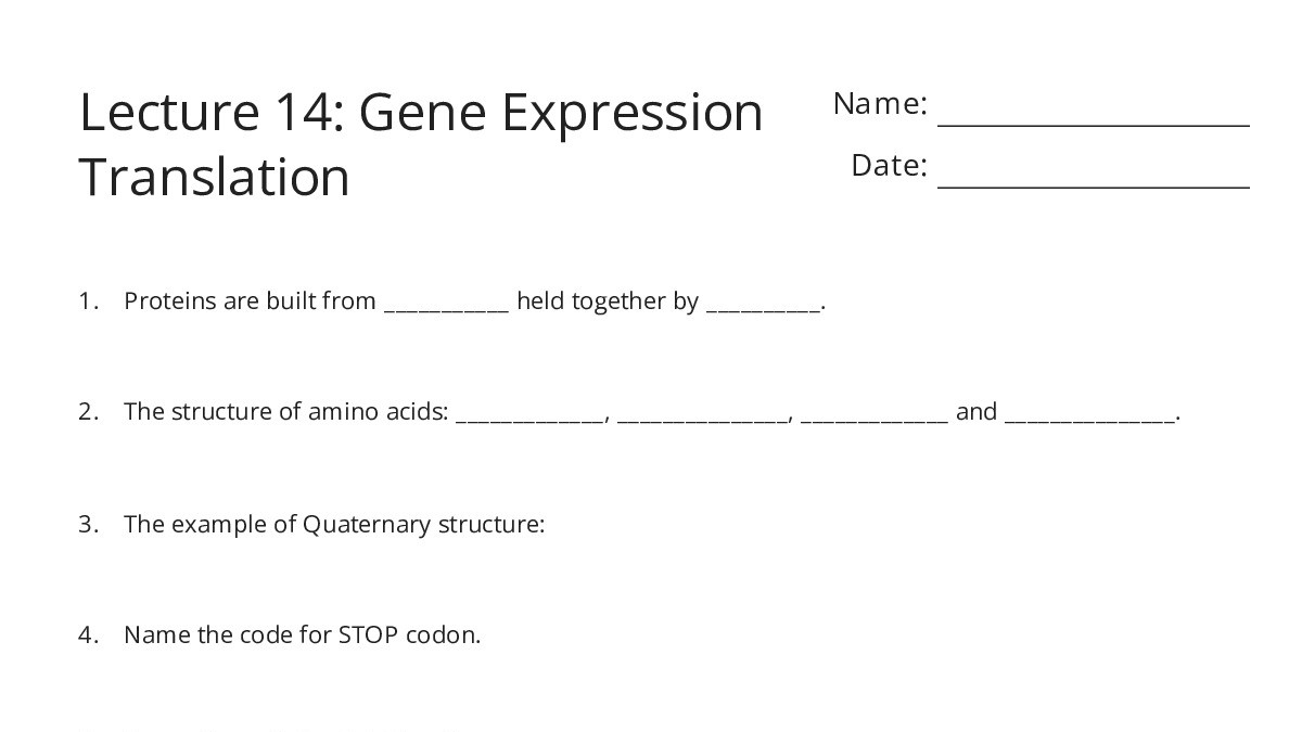 Lecture 14: Gene Expression Translation - My Worksheet Maker: Create ...