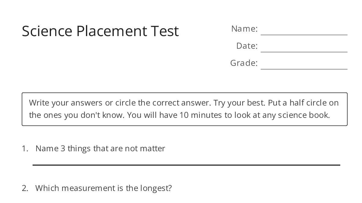 Science Placement Test - My Worksheet Maker: Create Your Own Worksheets