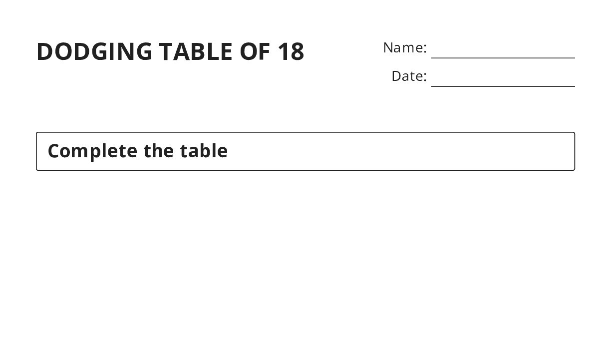 DODGING TABLE OF 18 - My Worksheet Maker: Create Your Own Worksheets