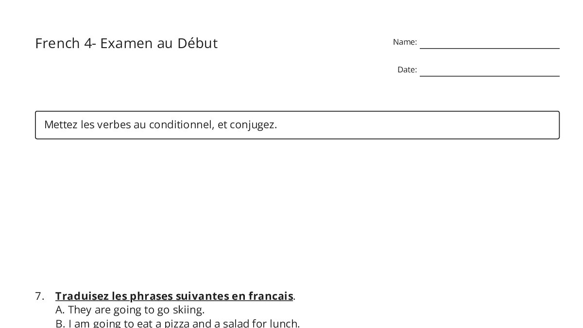 French 4- Examen au Début - My Worksheet Maker: Create Your Own Worksheets