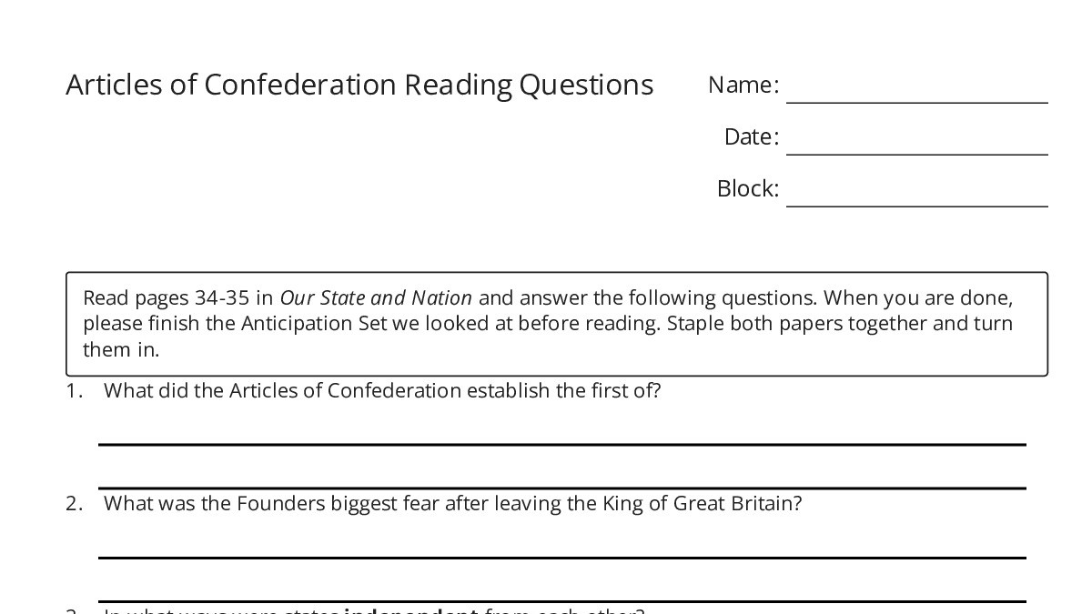 Articles of Confederation Reading Questions - My Worksheet Maker ...