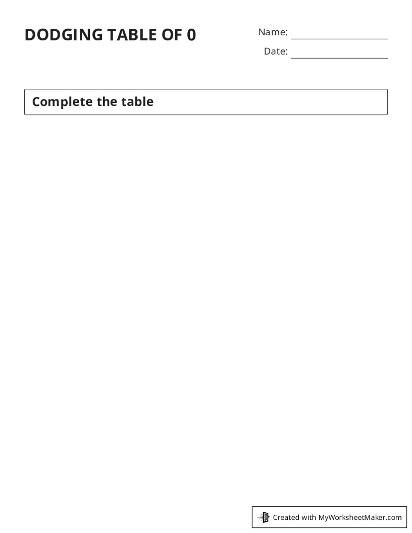 DODGING TABLE OF 0 - My Worksheet Maker: Create Your Own Worksheets