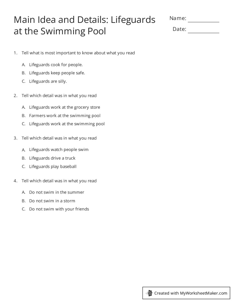 Main Idea and Details: Lifeguards at the Swimming Pool - My Worksheet ...