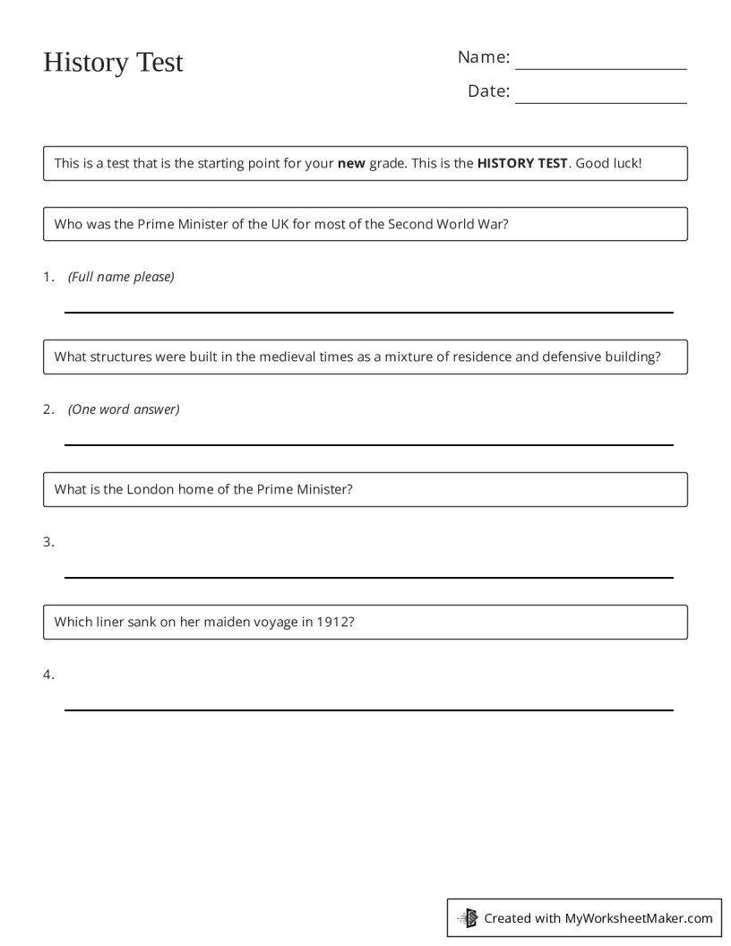 History Test - My Worksheet Maker: Create Your Own Worksheets
