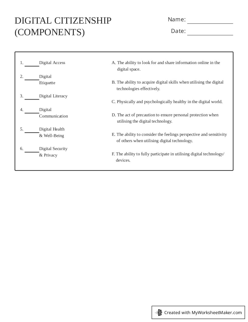DIGITAL CITIZENSHIP (COMPONENTS) - My Worksheet Maker: Create Your Own ...
