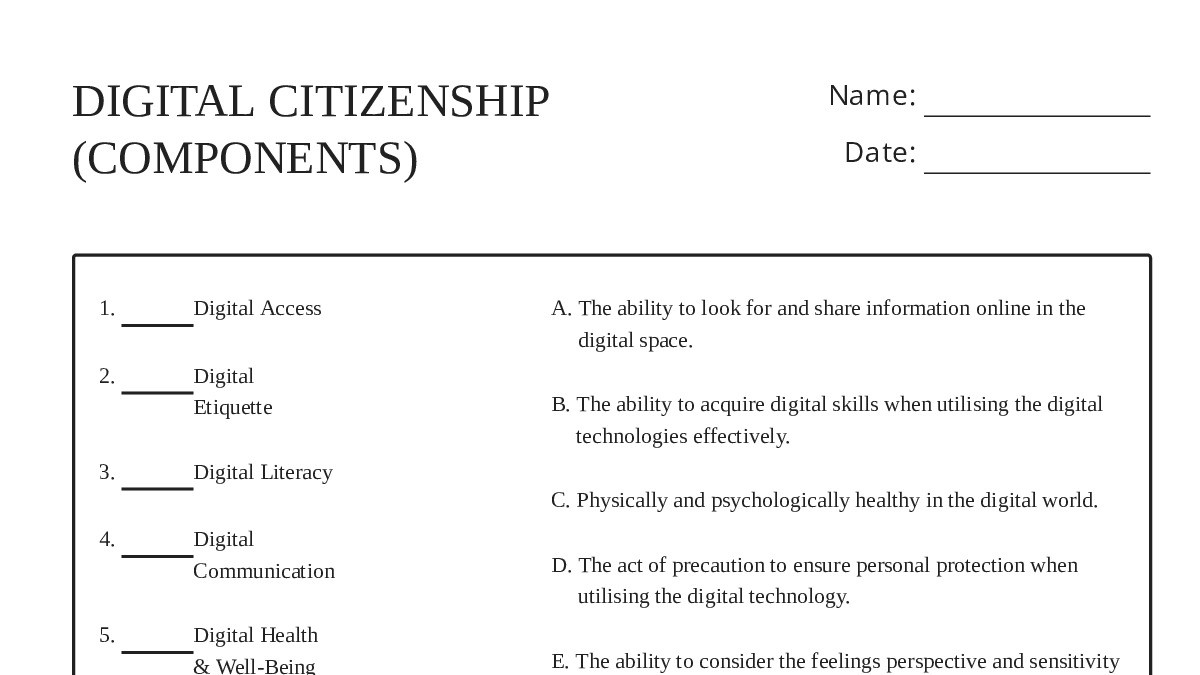 DIGITAL CITIZENSHIP (COMPONENTS) - My Worksheet Maker: Create Your Own ...