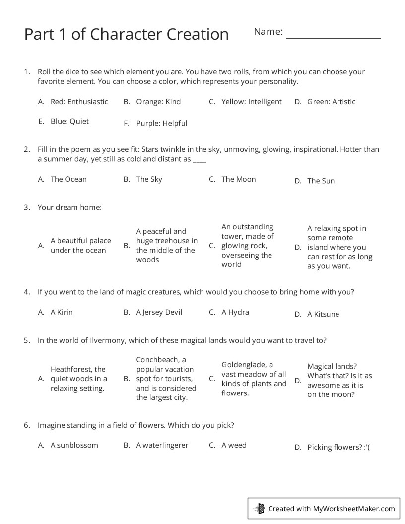 Part 1 of Character Creation - My Worksheet Maker: Create Your Own ...