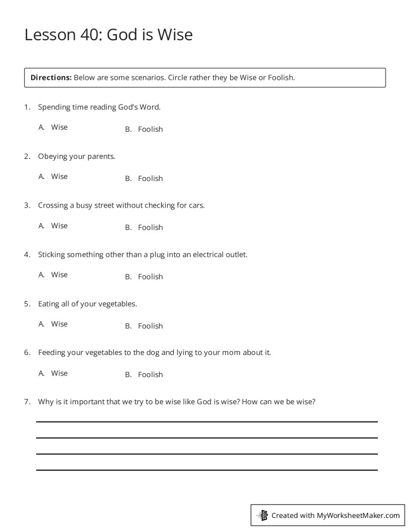 Lesson 40: God is Wise - My Worksheet Maker: Create Your Own Worksheets