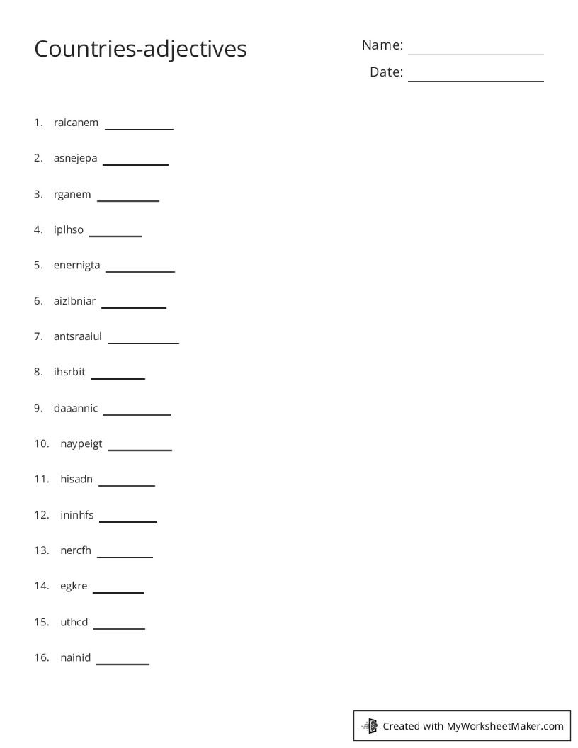 Countries-adjectives - My Worksheet Maker: Create Your Own Worksheets