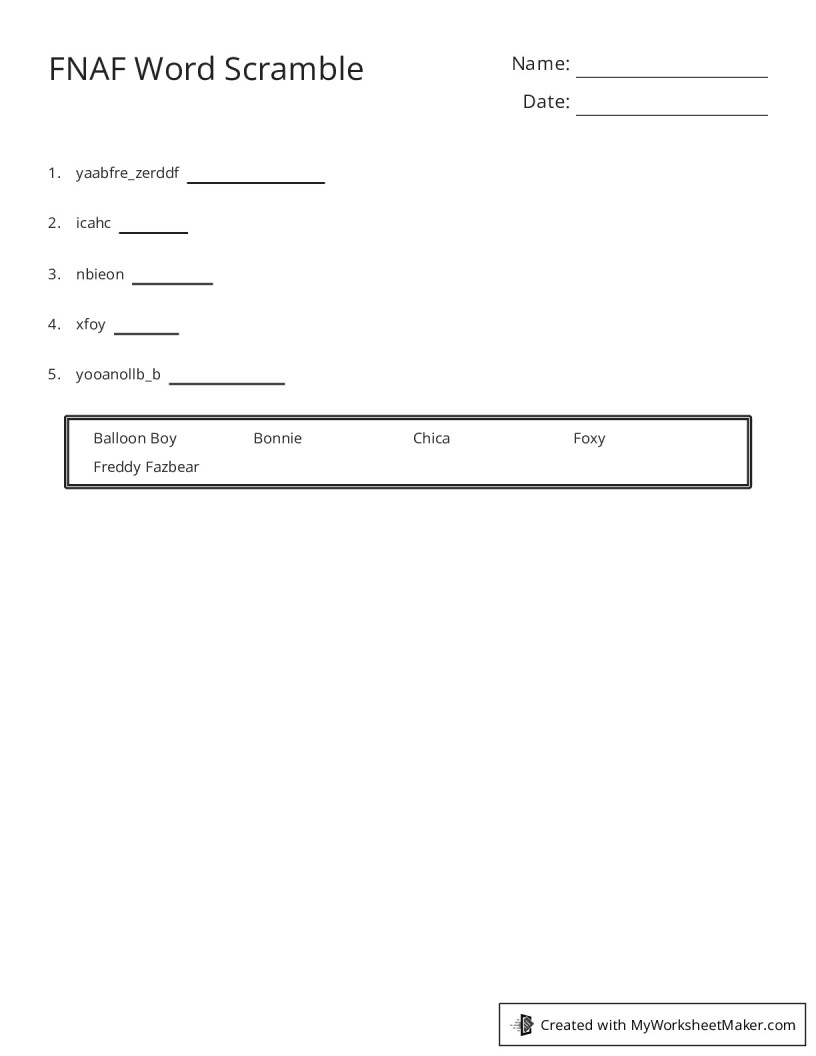 FNAF Word Scramble - My Worksheet Maker: Create Your Own Worksheets