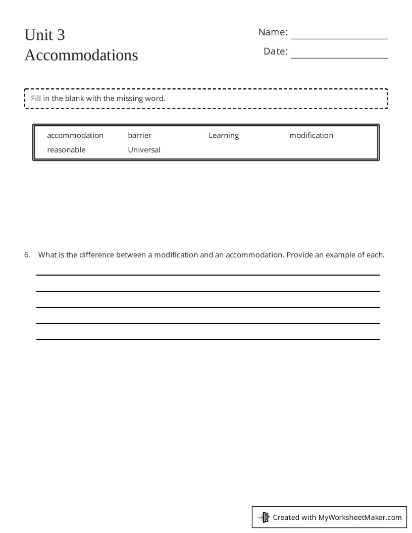 Unit 3 Accommodations - My Worksheet Maker: Create Your Own Worksheets