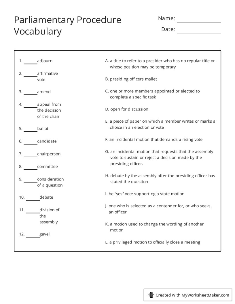 Parliamentary Procedure Vocabulary - My Worksheet Maker: Create Your ...