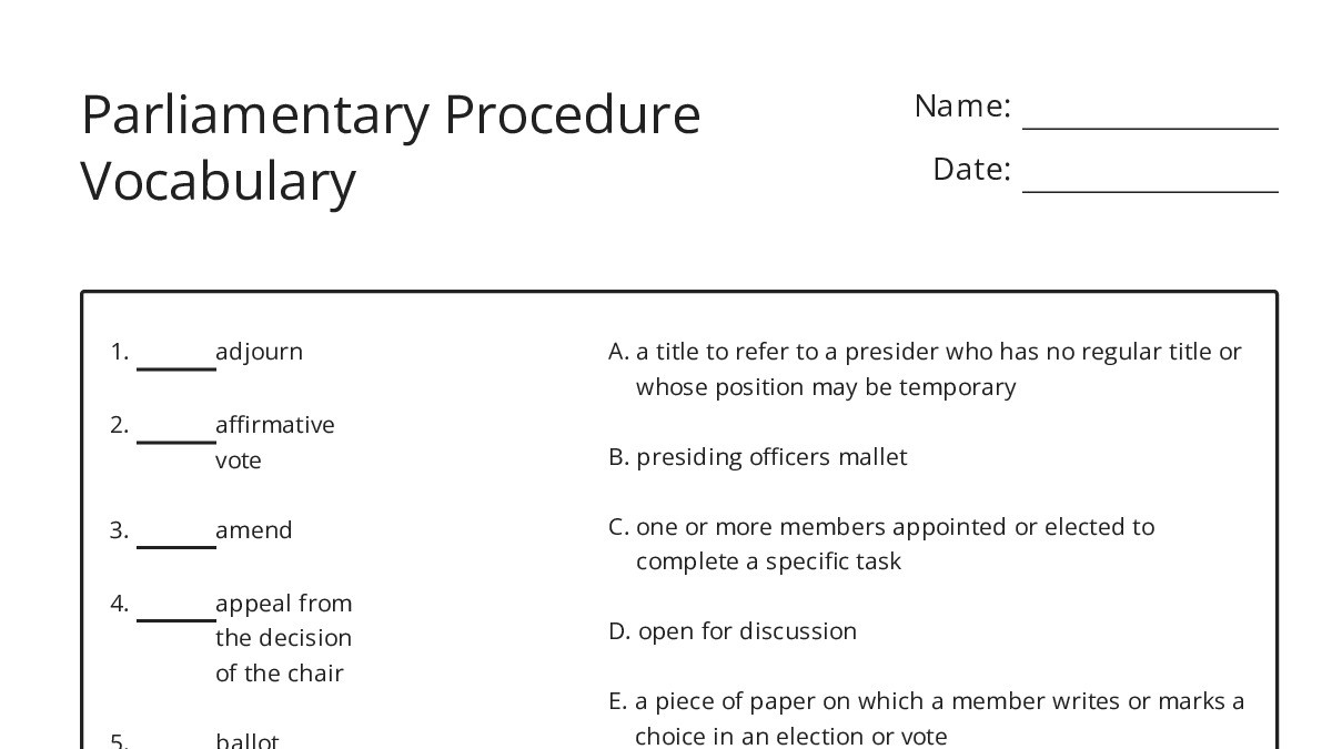 Parliamentary Procedure Vocabulary - My Worksheet Maker: Create Your ...