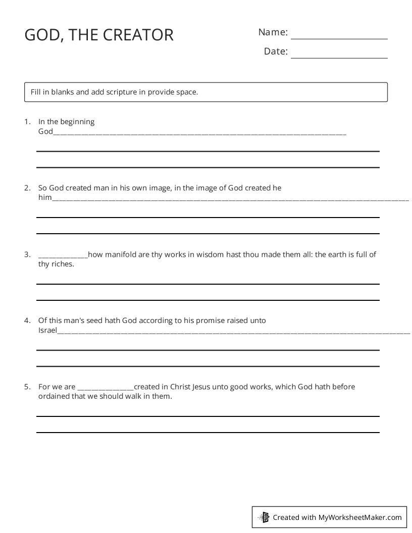 GOD, THE CREATOR - My Worksheet Maker: Create Your Own Worksheets
