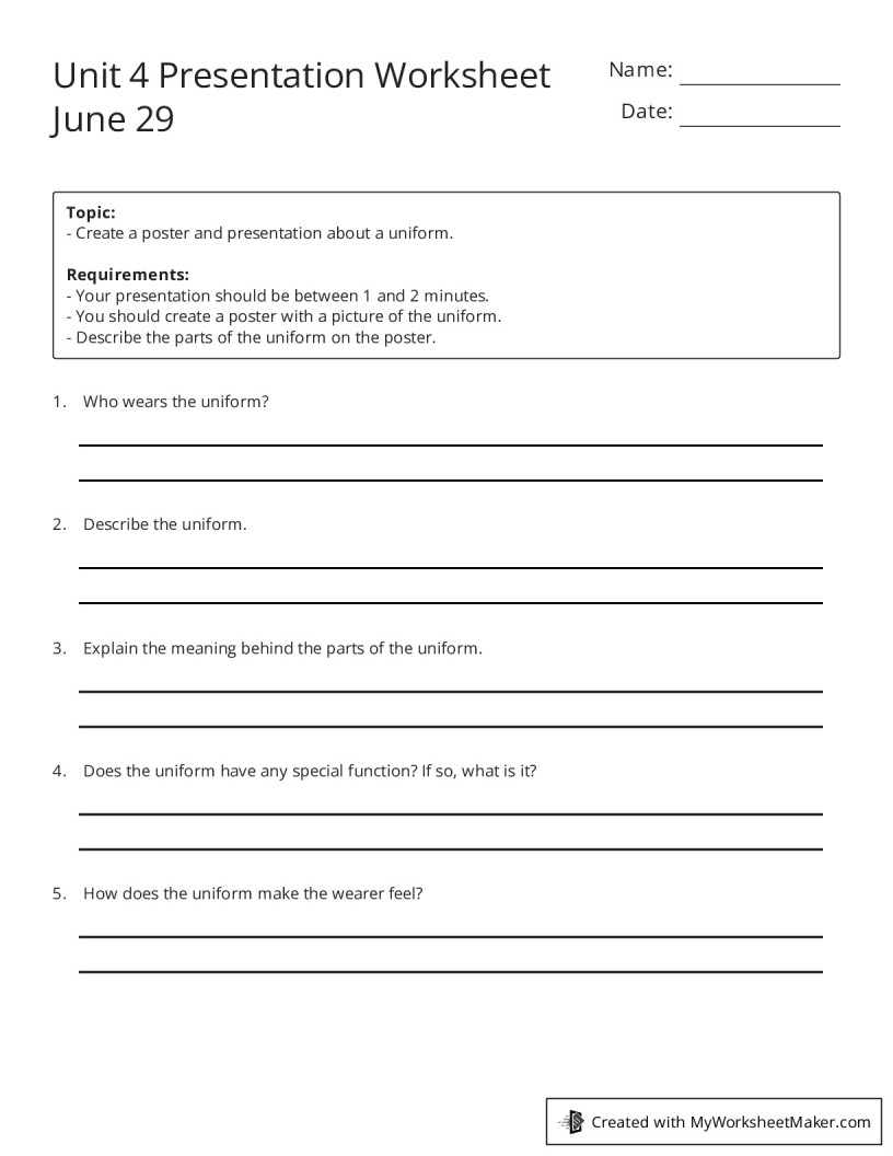 Unit 4 Presentation Worksheet June 29 - My Worksheet Maker: Create Your ...