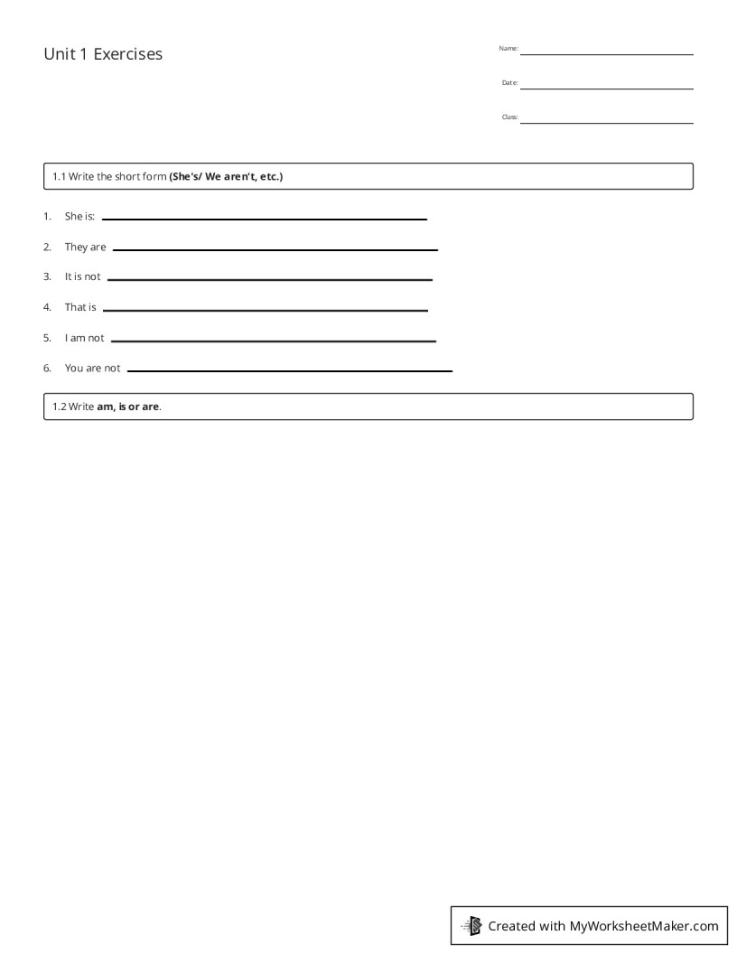 Unit 1 Exercises - My Worksheet Maker: Create Your Own Worksheets